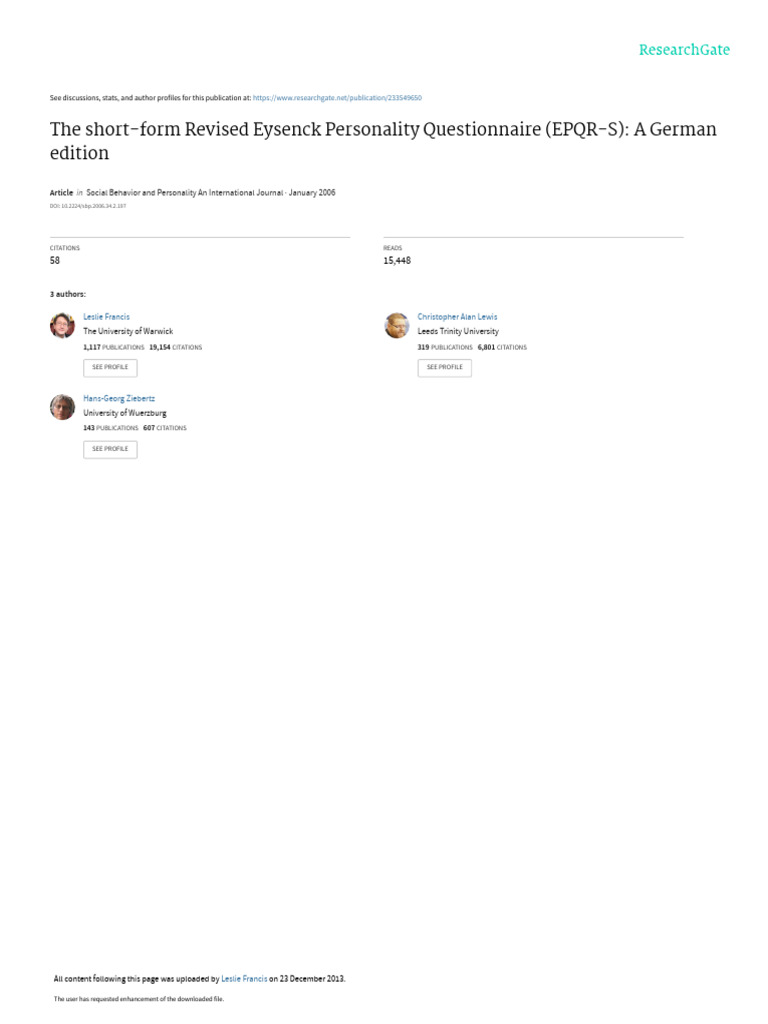 The Short-Form Revised Eysecenk | PDF | Extraversion And Introversion ...