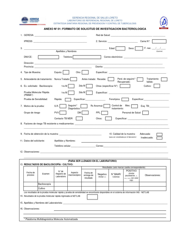 Solicitud de Investigacion Bacteriológica e Instructivo Nts 200 2023 Loreto | PDF | Tos ...