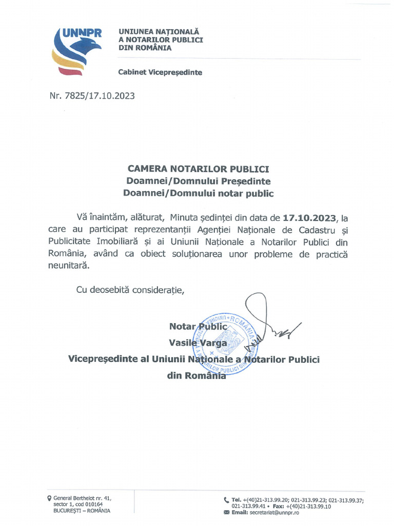 Minuta Sedintei UNNPR - ANCPI Din Data de 17.10.2023 | PDF