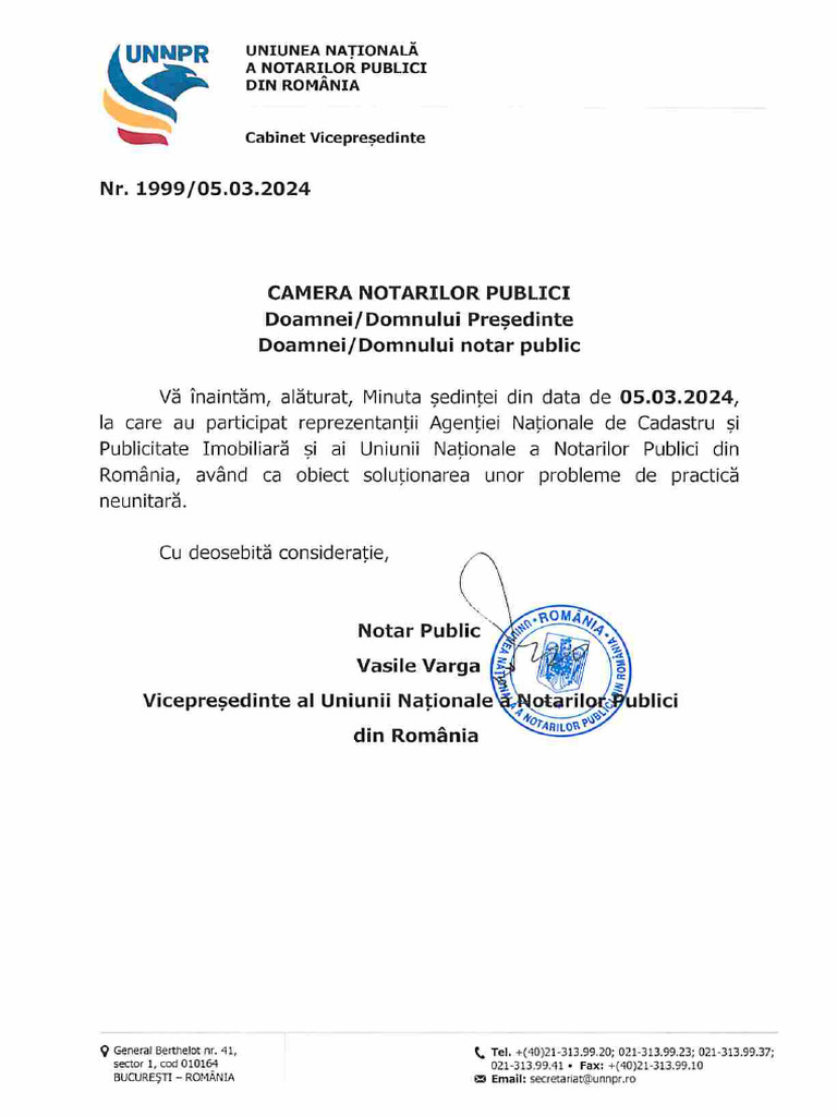 Minuta Sedintei UNNPR - ANCPI Din Data de 05.03.2024 | PDF