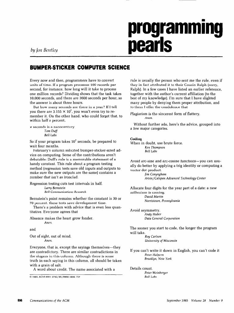 Programming Pearls: Bumper-Sticker Computer Science | PDF | Subroutine | Software Bug