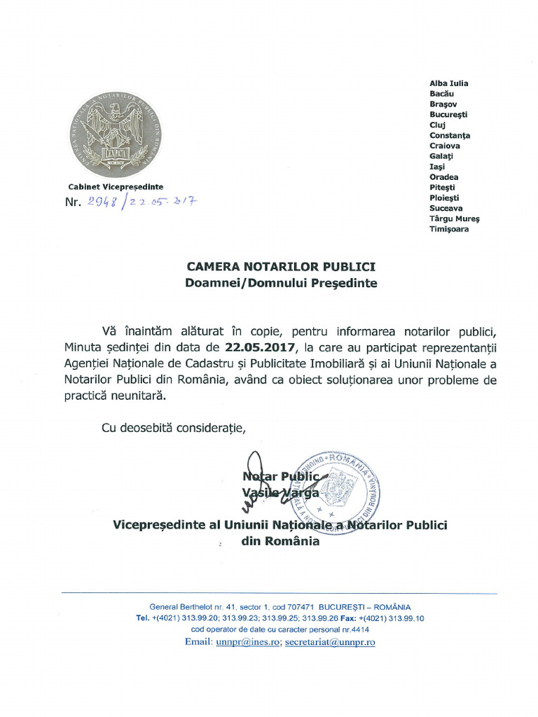 Minuta Sedintei ANCPI-UNNPR Din Data de 22.05.2017 | PDF