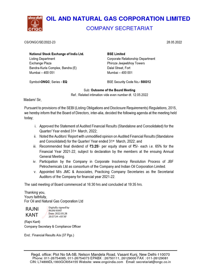 Oil and Natural Gas Corporation Limited: Company Secretariat | PDF ...