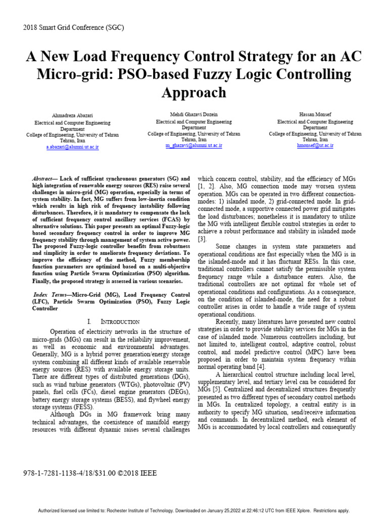 A New Load Frequency Control Strategy For An AC Micro-Grid PSO-based Fuzzy Logic Controlling ...