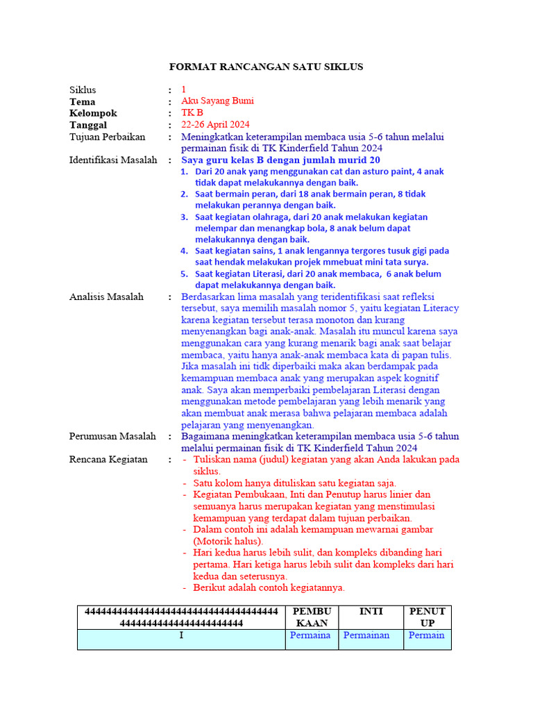 Format Rancangan Satu Siklus PKP | PDF