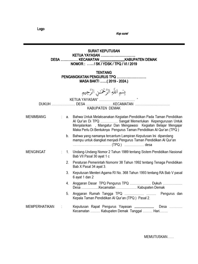 TPQ Contoh SK Pengurus TPQ .... | PDF | Sains & Matematika