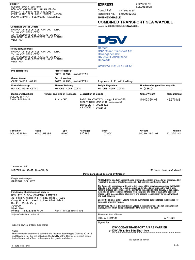 DSV SWB Sea Waybill - Kul9082068 | PDF | Cargo | Bill Of Lading