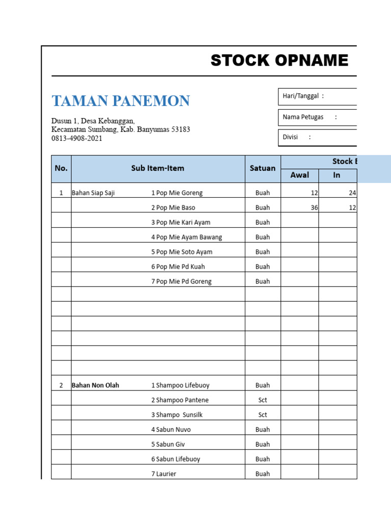 Stock Opname Kantin Taman Panemon | PDF