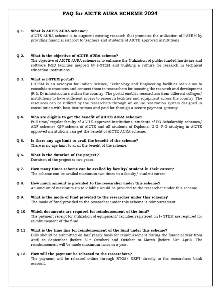FAQ for AICTE AURA SCHEME 2024 | PDF