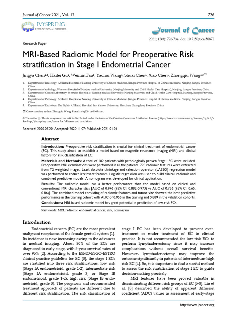 MRI-Based Radiomic Model For Preoperative Risk Stratification in Stage I Endometrial Cancer ...