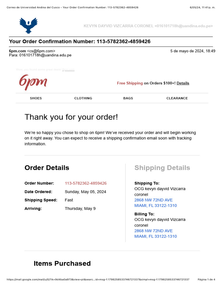 Correo de Universidad Andina Del Cusco - Your Order Confirmation Number: 113-5782362-4859426 | PDF