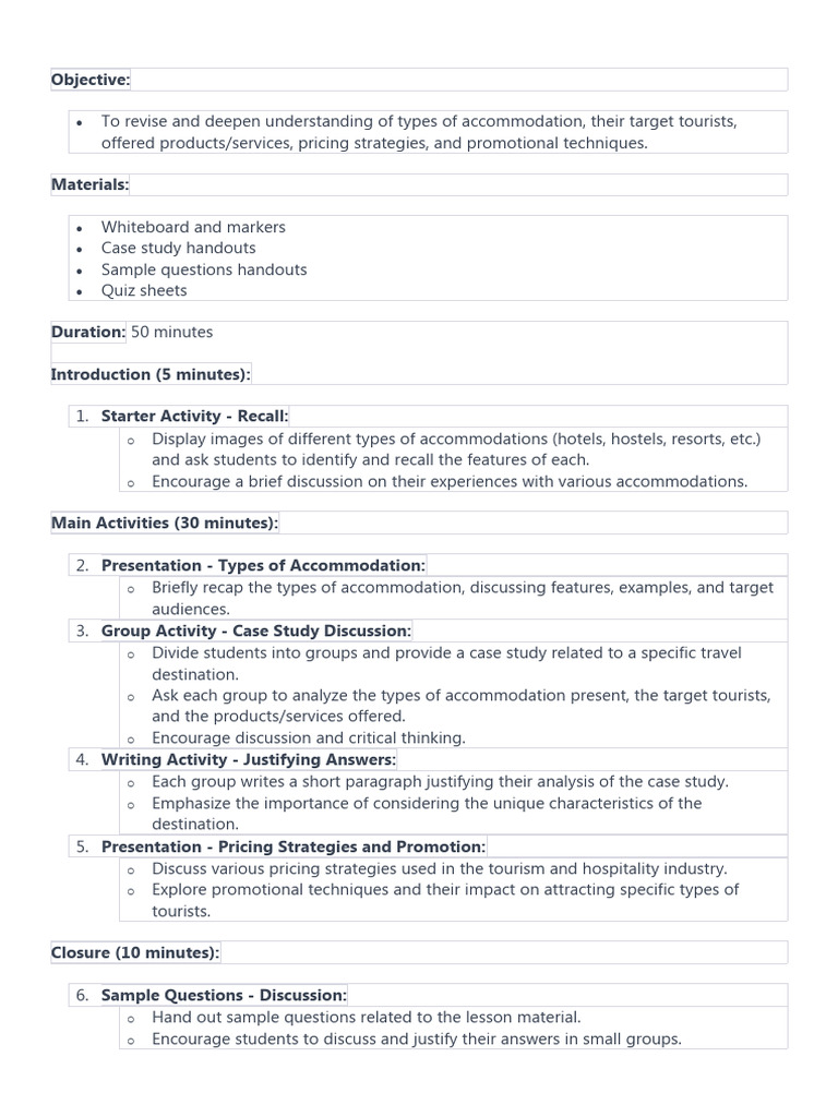 Revision Lesson Plan For Accomodation | PDF | Tourism | Critical Thinking