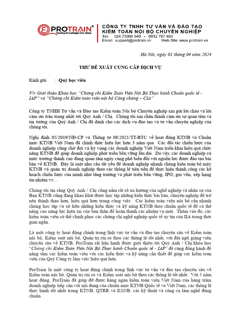 ProTrain - HV - IAP - CIA - Chứng chỉ KTV nội bộ IIA - T4 2024 | PDF