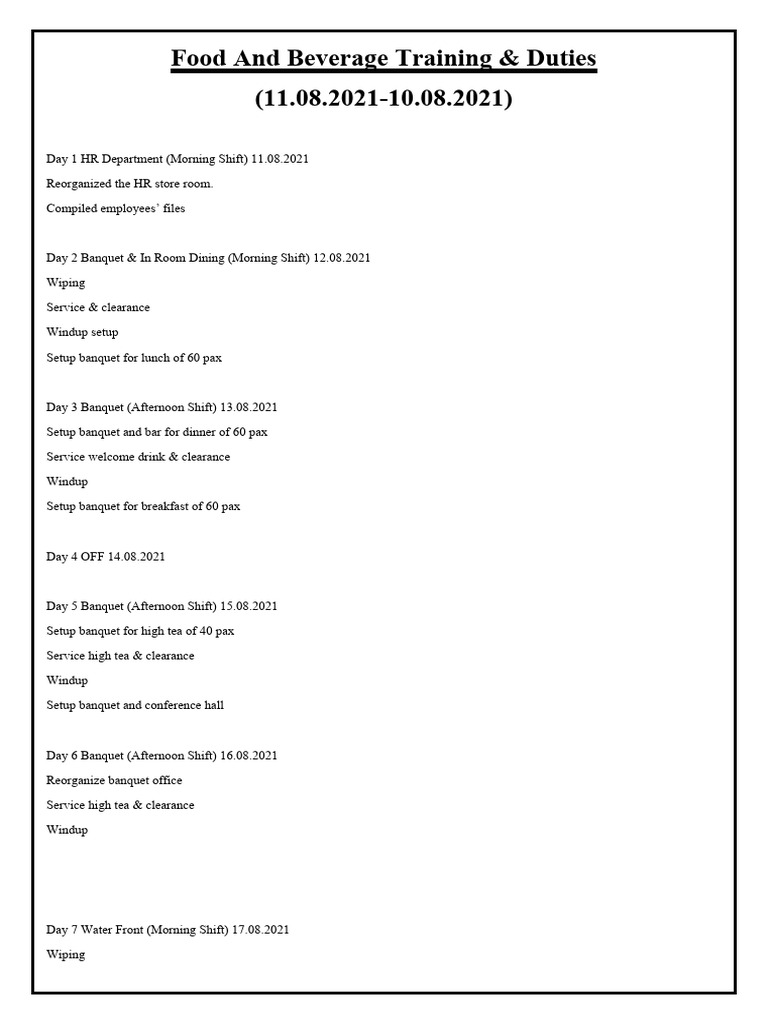 Food and Beverage Training & Duties | Download Free PDF | Lunch | Dinner
