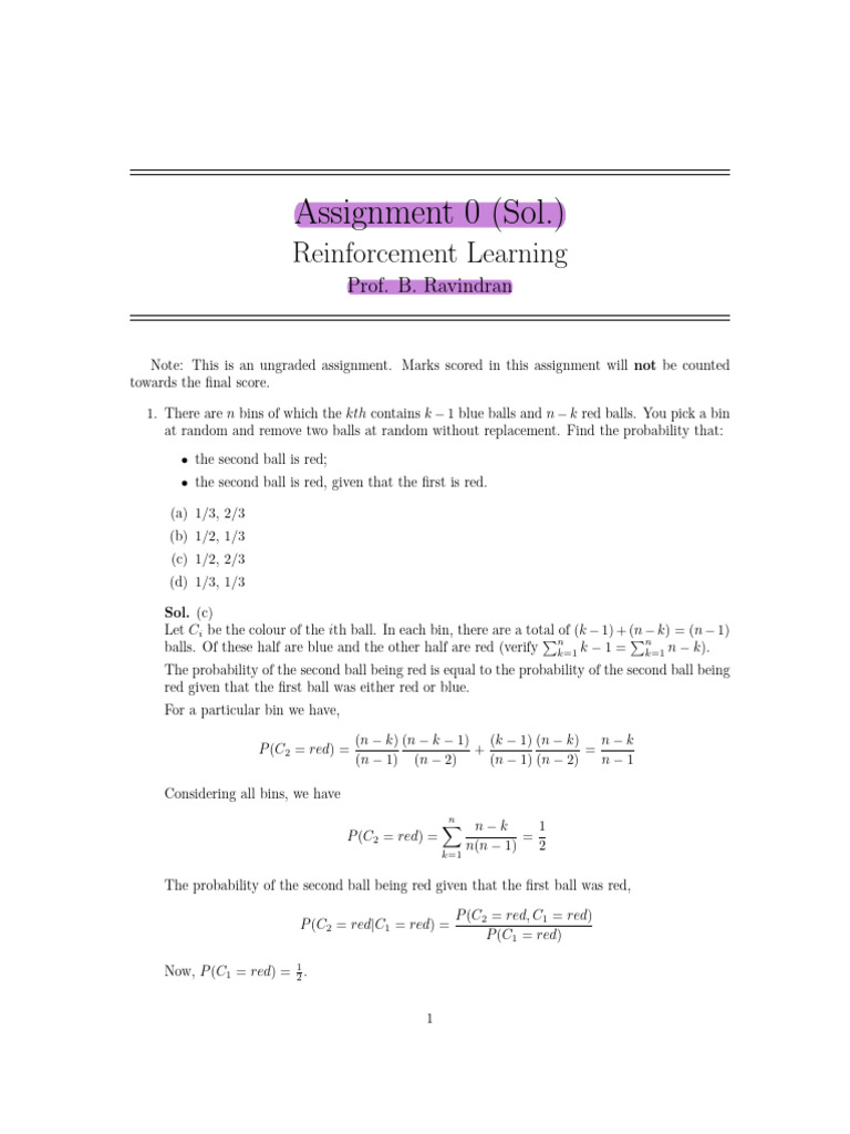 Assignment 0 (Sol.) : Reinforcement Learning | PDF | Eigenvalues And Eigenvectors | Matrix ...