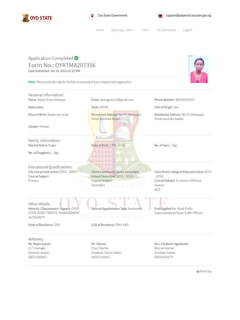 Application Successful! - Oyo State Job Portal | PDF