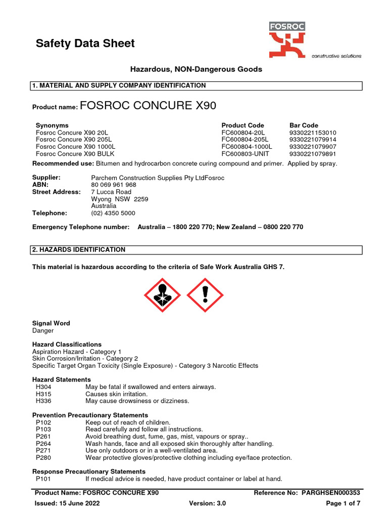 Fosroc Concure X90-Aus GHS | PDF | Toxicity | Personal Protective Equipment