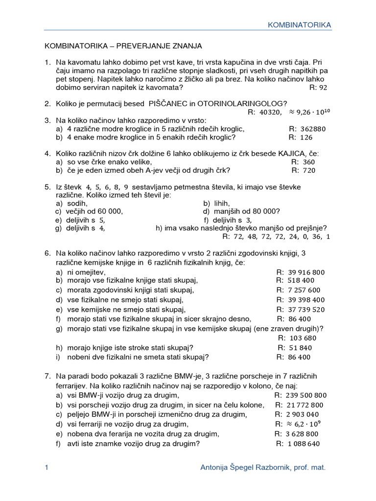 Kombinatorika - Preverjanje Znanja | PDF