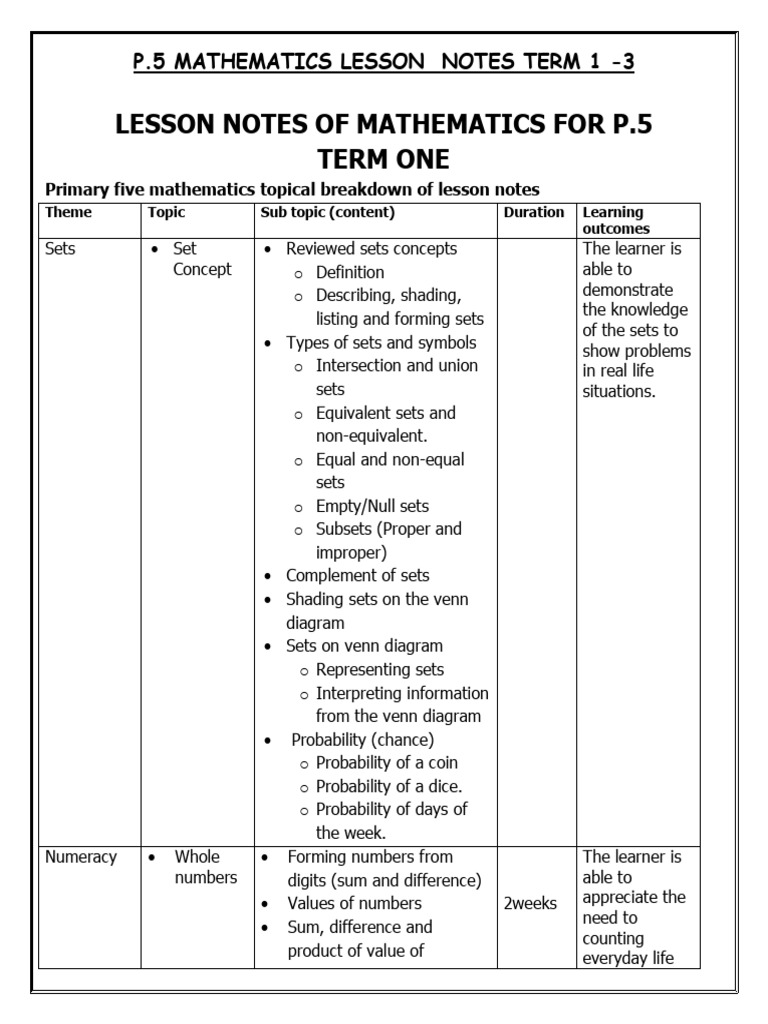 P.5 Mathematics Lesson Notes Term 1-3 | PDF | Numbers | Probability
