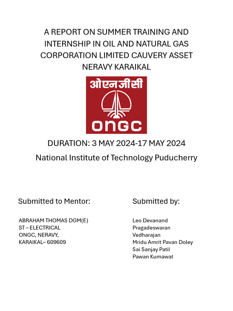 A Report On Summer Training and Internship in Oil and Natural Gas Corporation Limited Cauvery ...