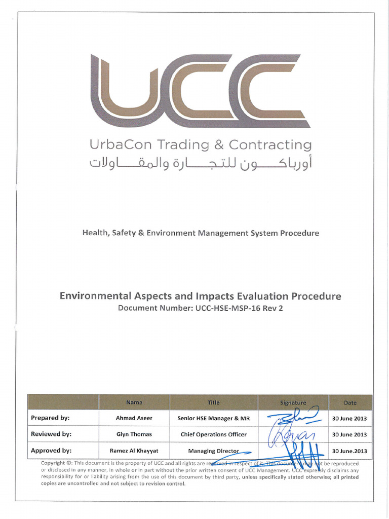 Environmental Aspects and Impacts Evaluation Procedure | PDF