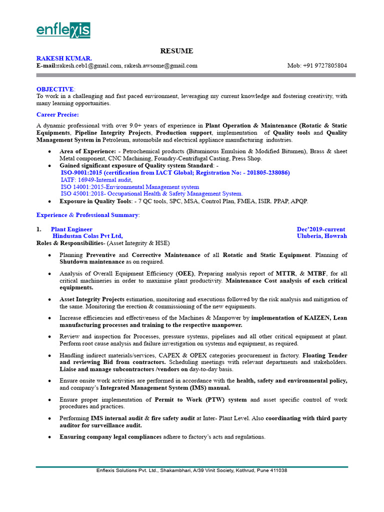 Enflexis Solutions - Rakesh Kumar - Senior Consultant | PDF | Laboratories | Audit