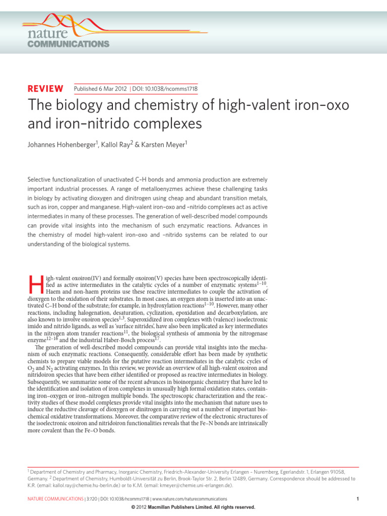 The biology and chemistry of high-valent iron-oxo and iron-nitrido complexes | PDF | Iron | Nitrogen