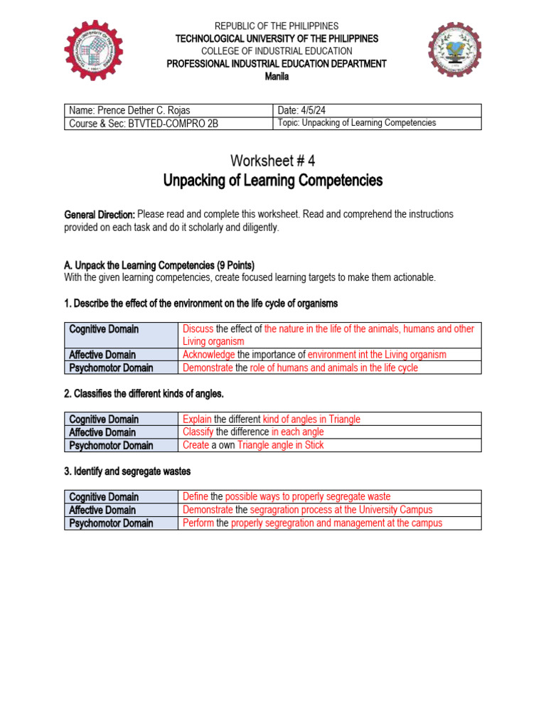 WORKSHEET 4 - Unpacking of Learning Competencies ROJAS | PDF | Learning ...