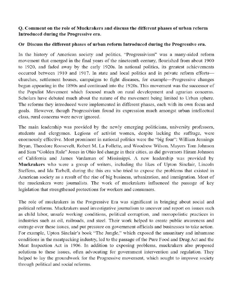 Progressive Era Notes (History of USA: Reconstruction To New Age) | PDF