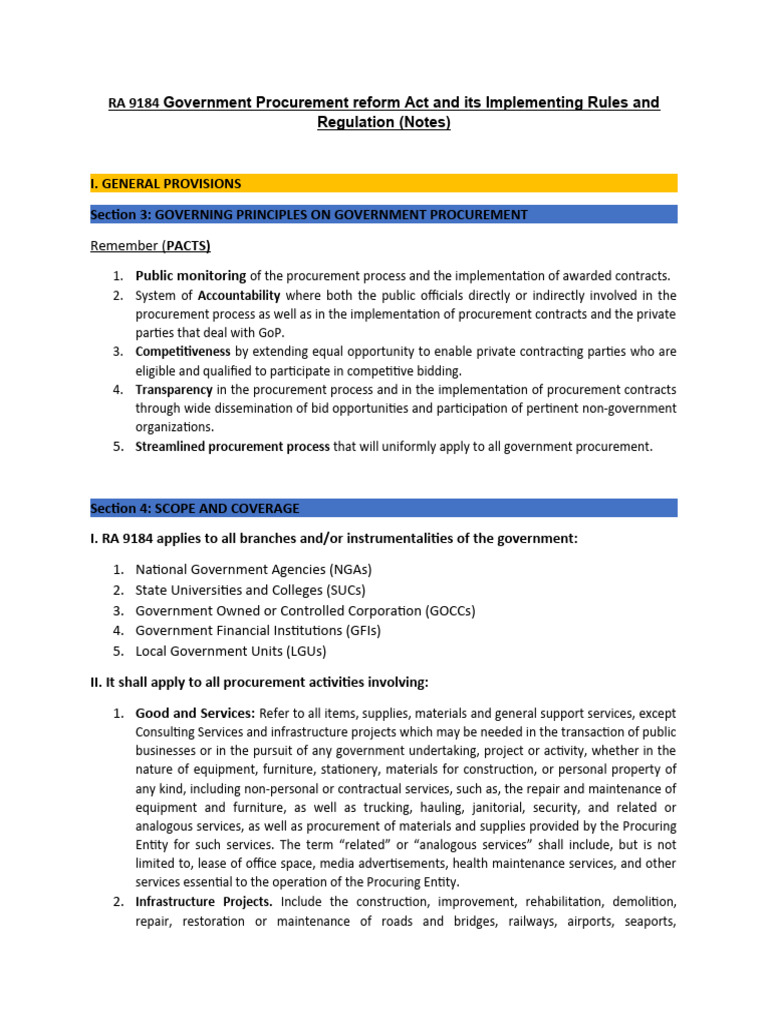 Toaz - Info Ra 9184 Summary of Important General Provisions PR | PDF | Procurement | Budget
