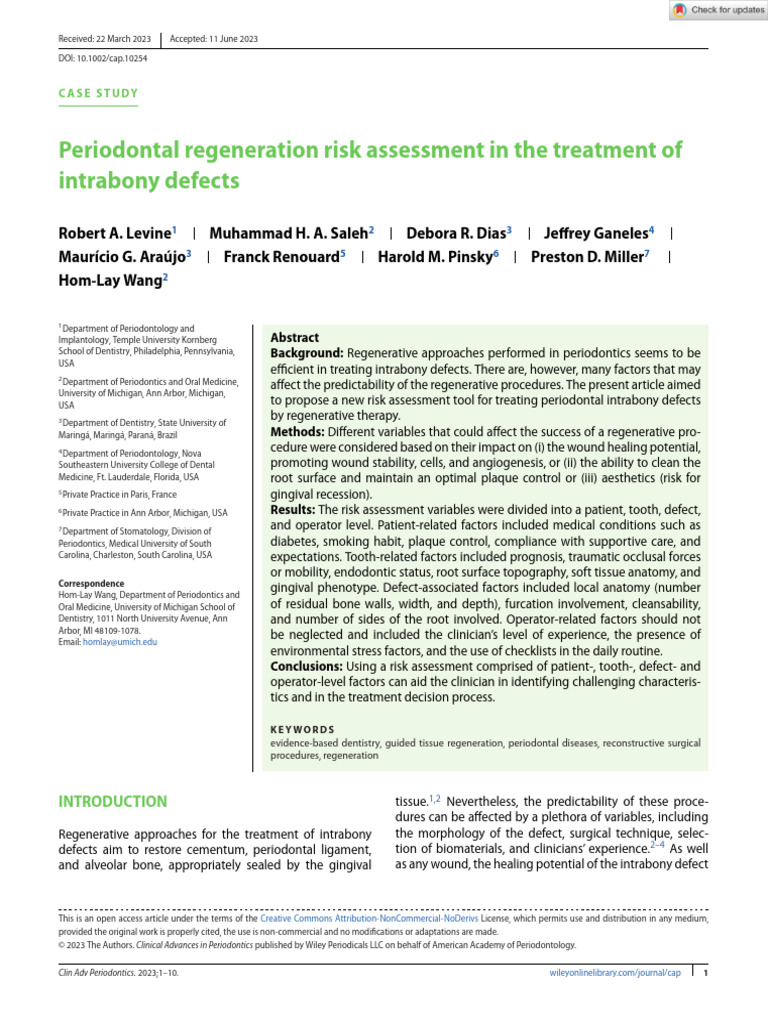Clin Adv Periodontics - 2023 - Levine - Periodontal Regeneration Risk ...