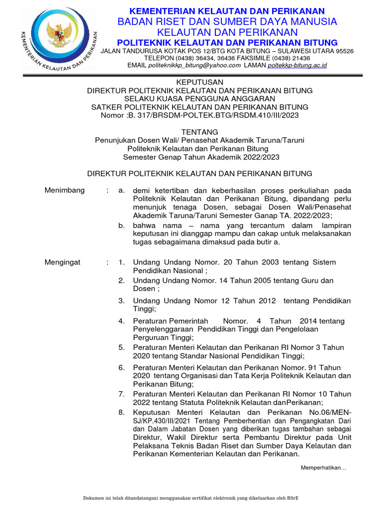 SK DOSEN WALI Taruni Politeknik Kelautan Dan Perikanan Bitung Sem Ganjil TA.2022-2023 | PDF