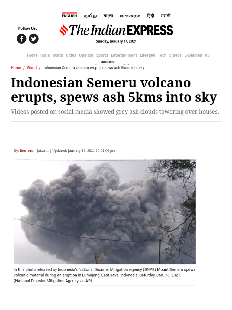 Indonesian Semeru Volcano Erupts, Spews Ash 5kms Into Sky - World News ...