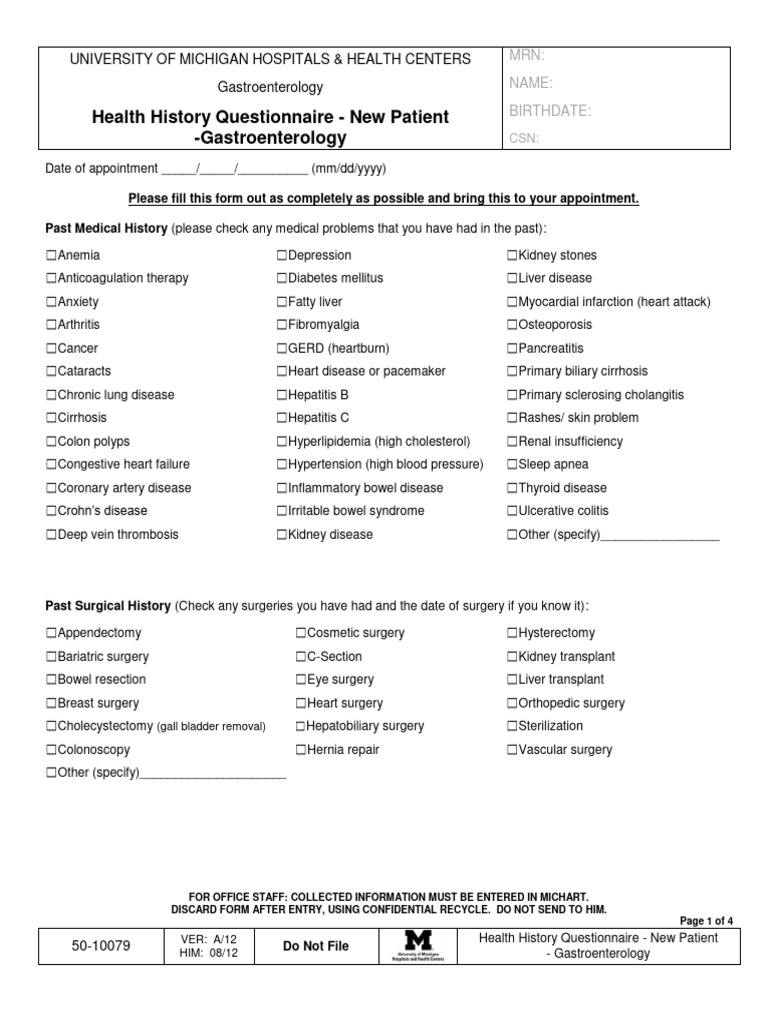 Health History Questionnaire Form | PDF | Birth Control | Myocardial ...