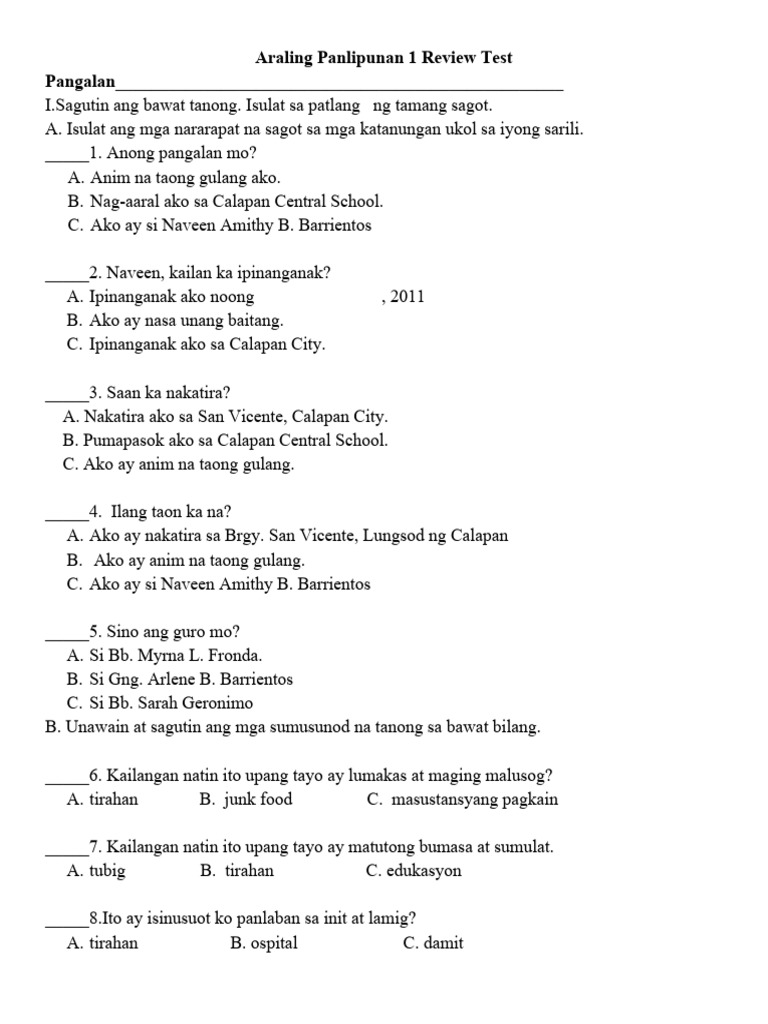 Araling Panlipunan 1 Review Test Pangalan | PDF