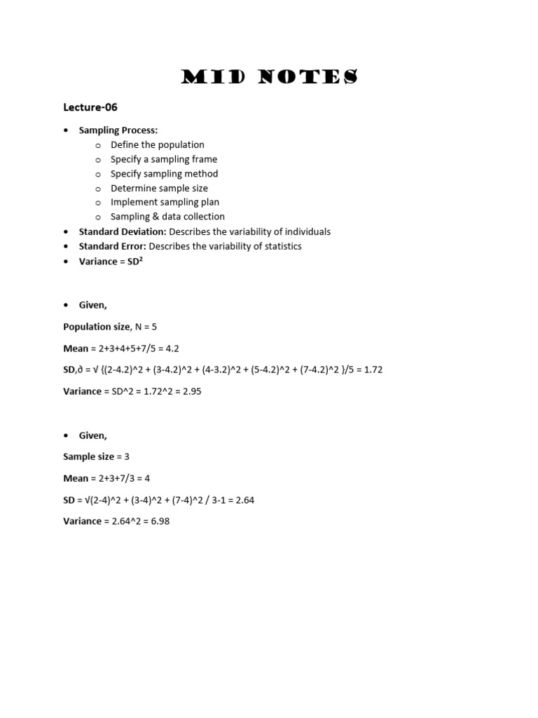 RM_MID_Note | PDF | Sampling (Statistics) | Standard Deviation