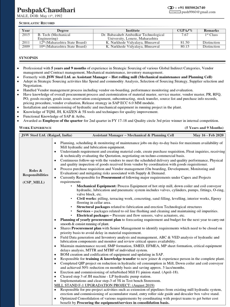 RESUME-Pushpak Chaudhari-Ex-JSW Steel LTD | PDF | Procurement | Valve RESUME-Pushpak Chaudhari-Ex-JSW Steel LTD | PDF | Procurement | Valve
