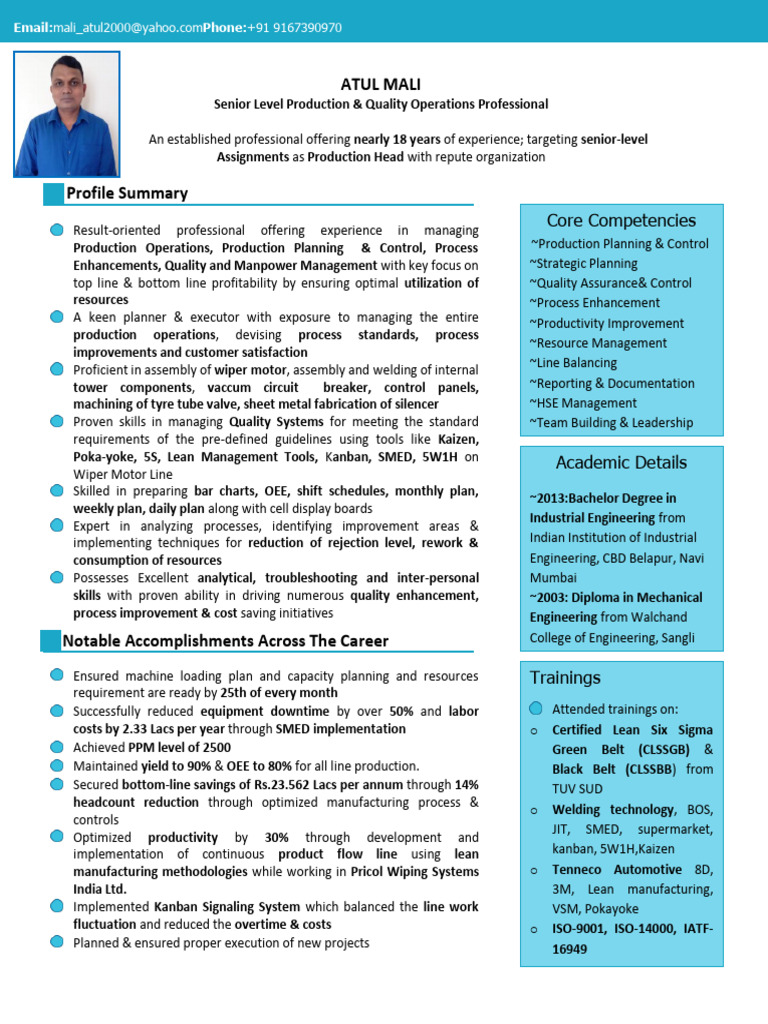 Resume Atul Mali Latest | PDF | Lean Manufacturing | Business