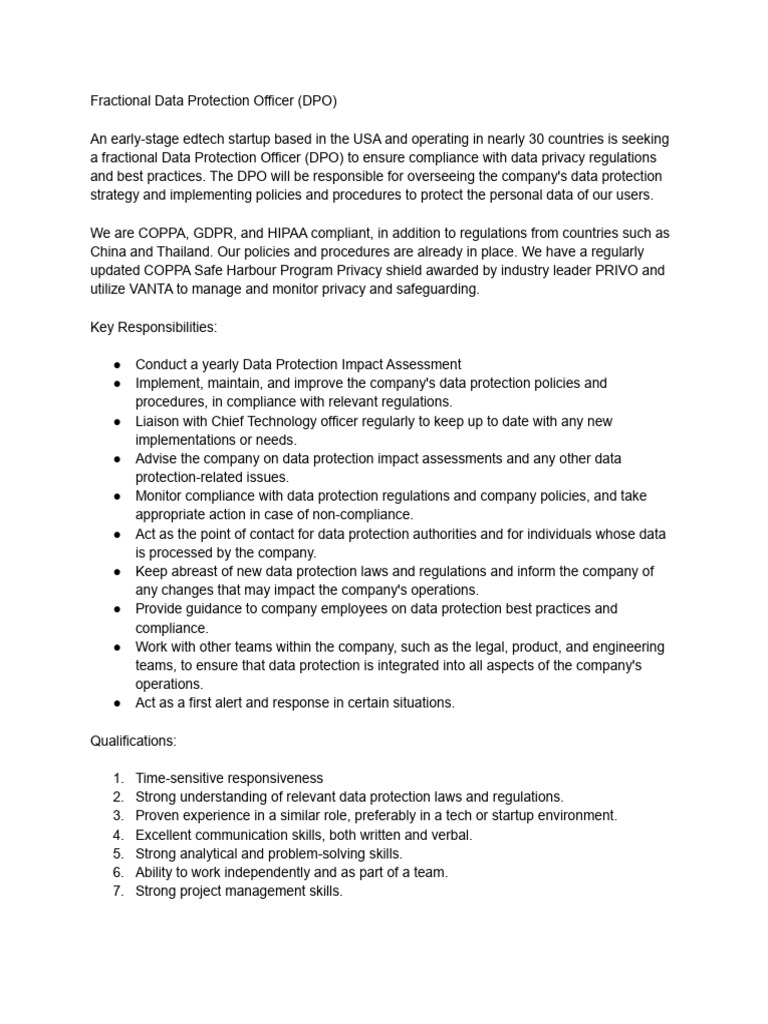 DPO JOB Description | PDF | Regulatory Compliance | Privacy