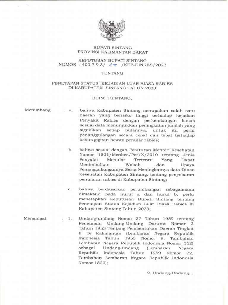 SK Bupati Penetapan KLB Rabies Tahun 2023 | PDF