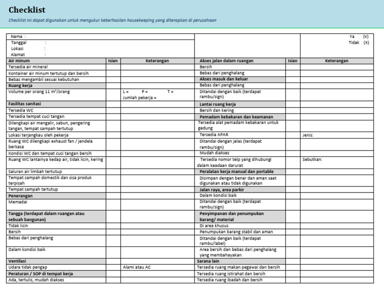 AROS - Housekeeping Checklist OK | PDF