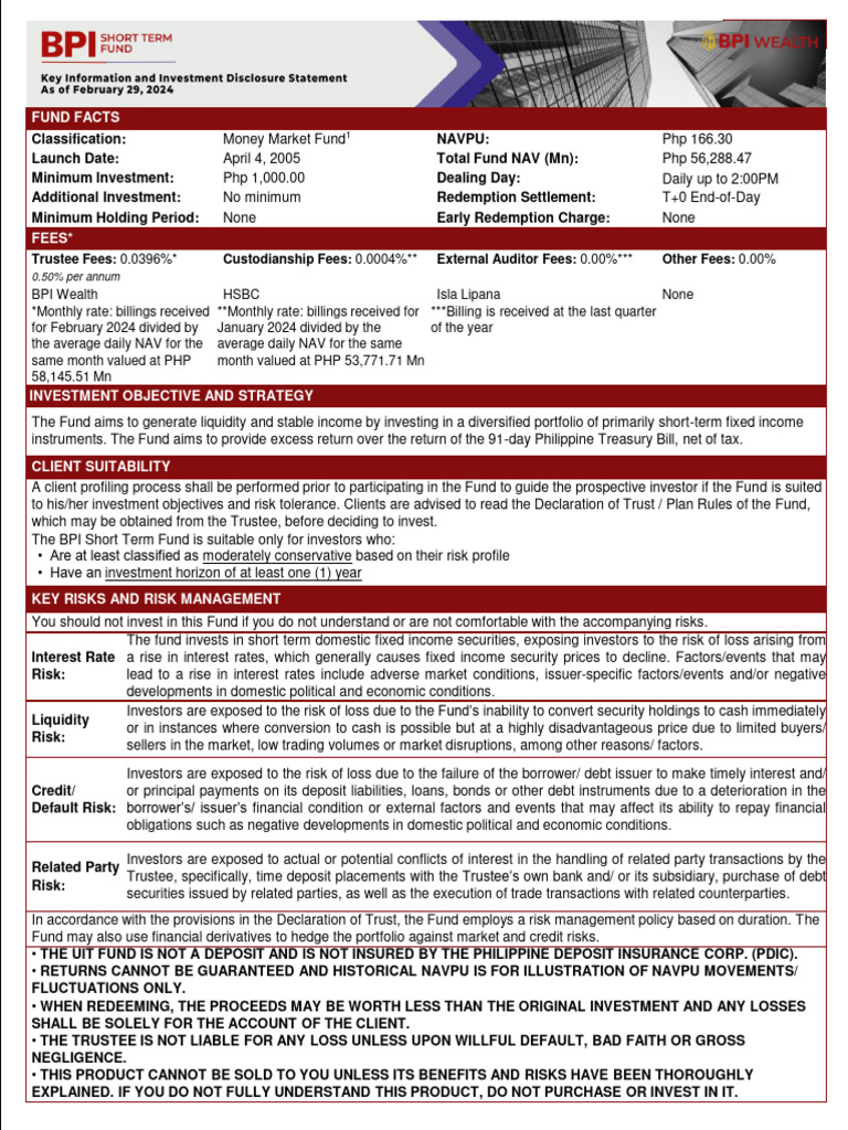 BPI Short Term Fund - February 2024 | PDF | Financial Risk | Securities ...