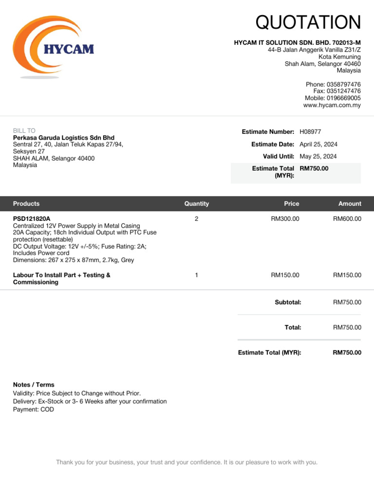 Estimate H08977 2024-05-25 | PDF | Electronic Engineering | Power (Physics)