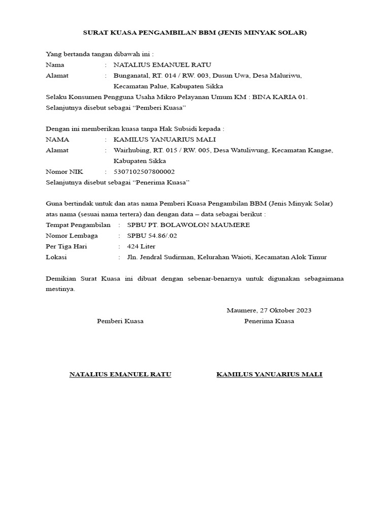 Surat Kuasa Pengambilan Bbm | PDF