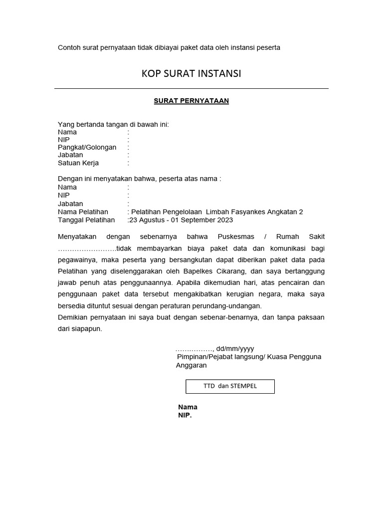 Tini Wartini.1382.Contoh Surat Pernyataan Tidak Dibiayai Paket Data | PDF