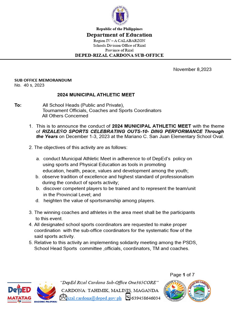 Cardona Sub Office Memo On Municipal Meet 2024 | PDF