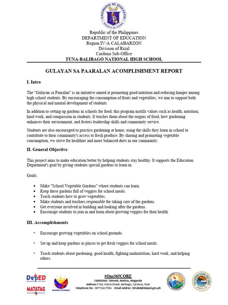 Narrative and Accomplishment-Report-Gulayan-Sa-Paaralan Tuna-Balibago ...