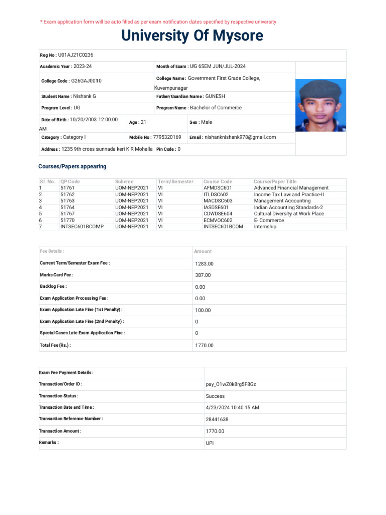 6 Sem Exam Fees Nishank | PDF | Fee | Payments