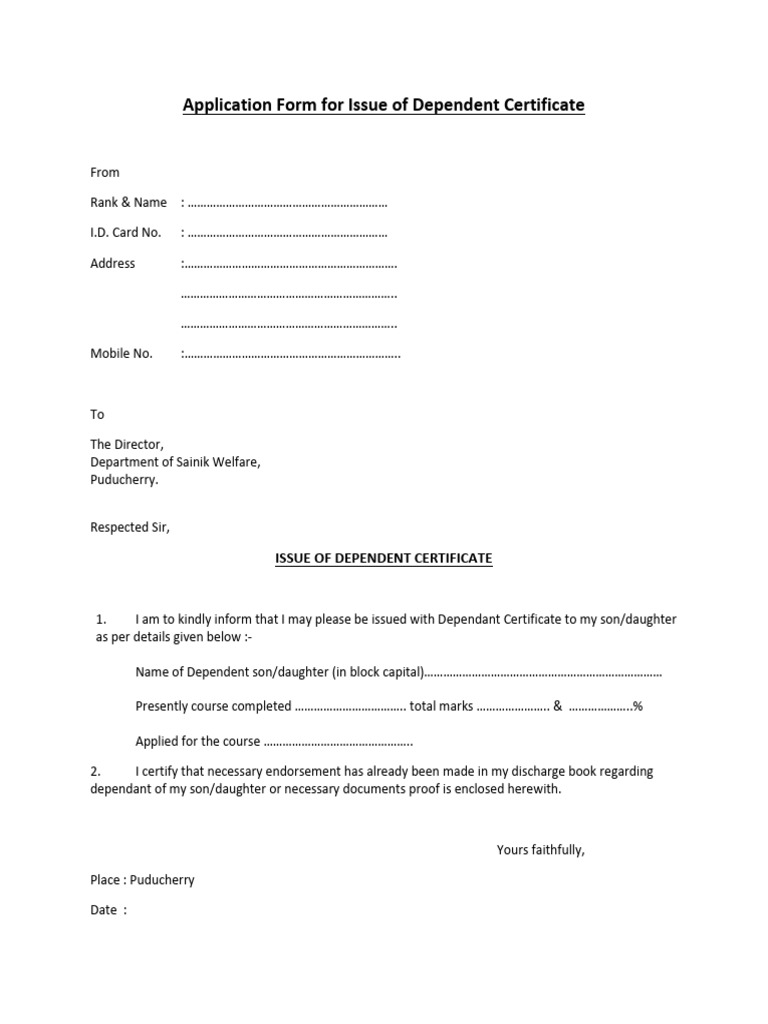 Application For Issue of Dependent Certificate | PDF