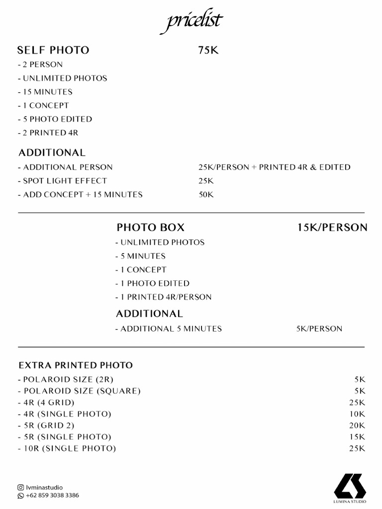 Pricelist Self Photo Lumina Studio | PDF